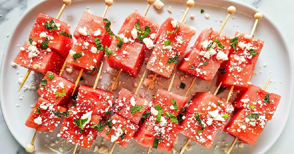 Watermelon Feta Skewers - Bite-Sized Bash