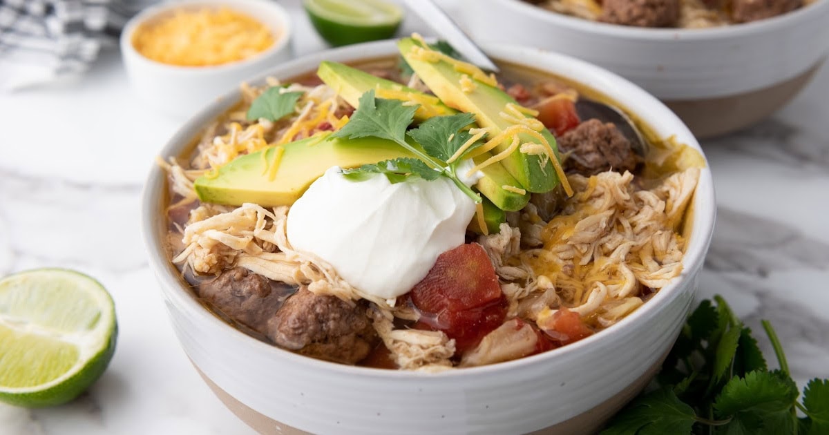 Slow Cooker Chicken and Beef Taco Soup - Bite-Sized Bash