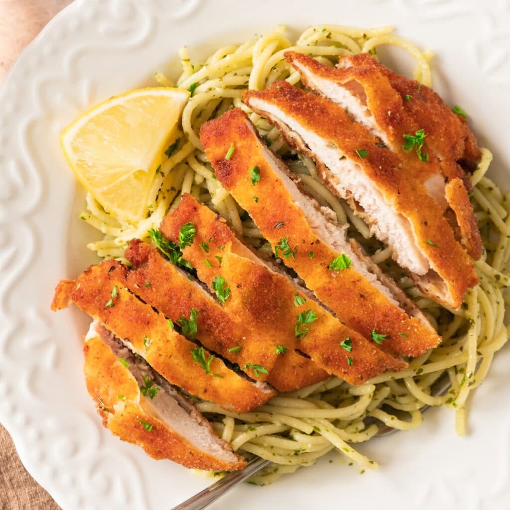 Crispy Lemon Garlic Chicken Spaghetti - Bite-Sized Bash