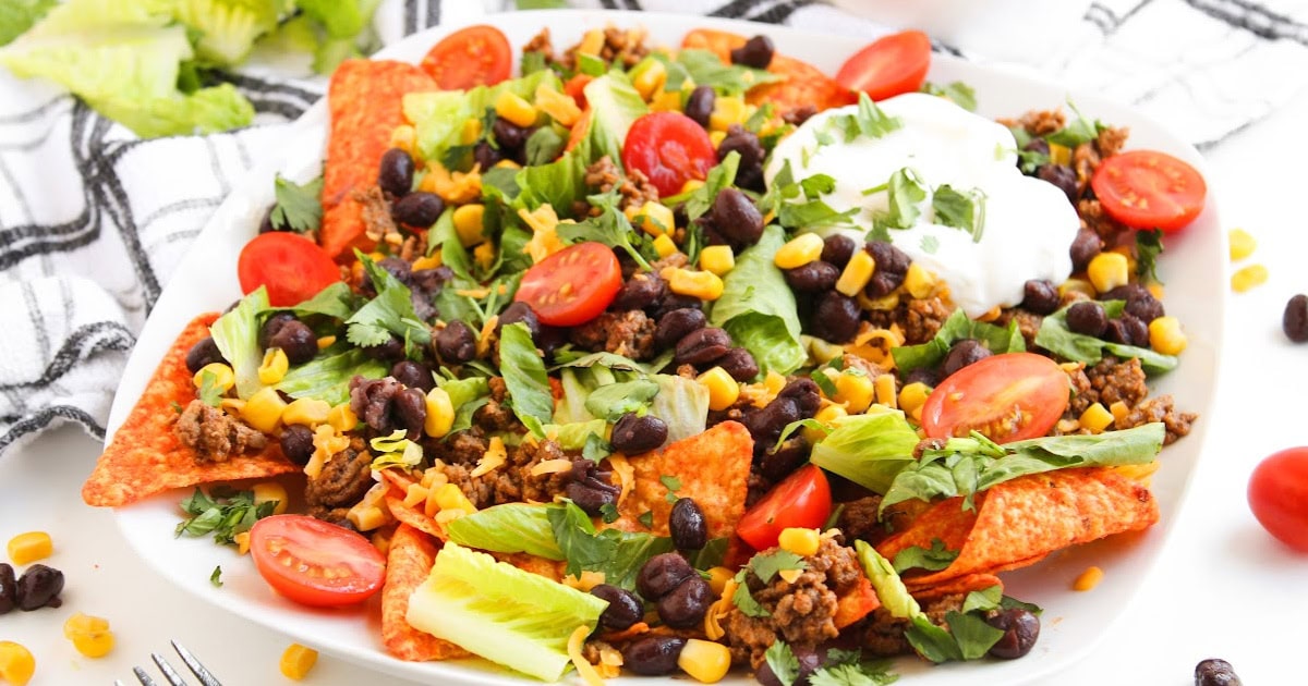 Crunchy Dorito Beef Taco Salad - Bite-Sized Bash